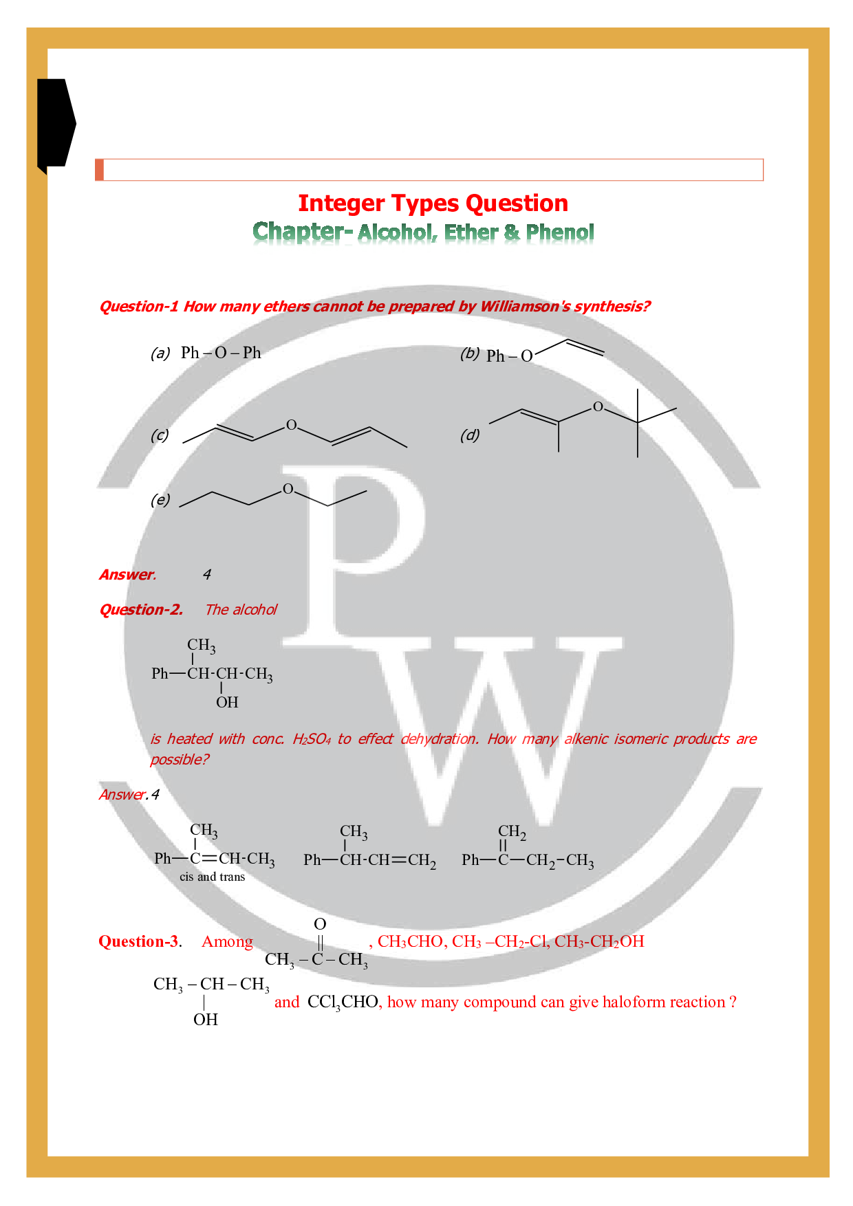 Integer base question for JEE chemistry chapter- Alcohol phenol and ether