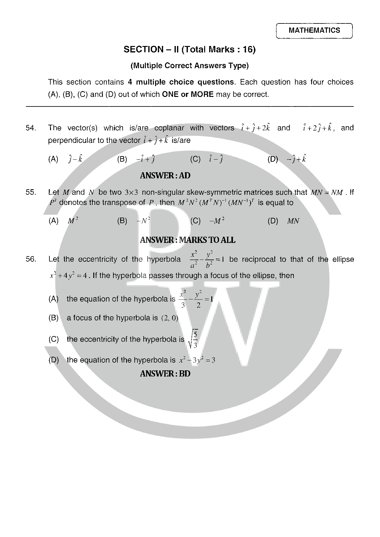 JEE Advance Question paper- 2011 Paper-1 With Answer Key | PW