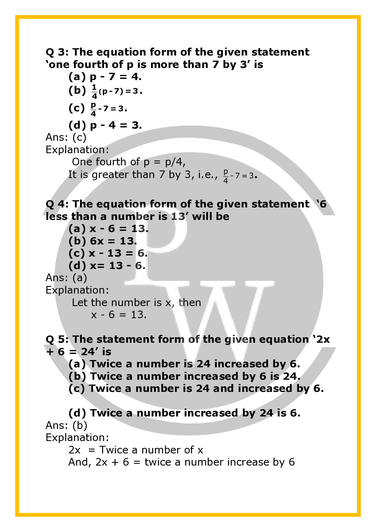 CBSE Class 7 Maths Worksheet For Simple Equations PW