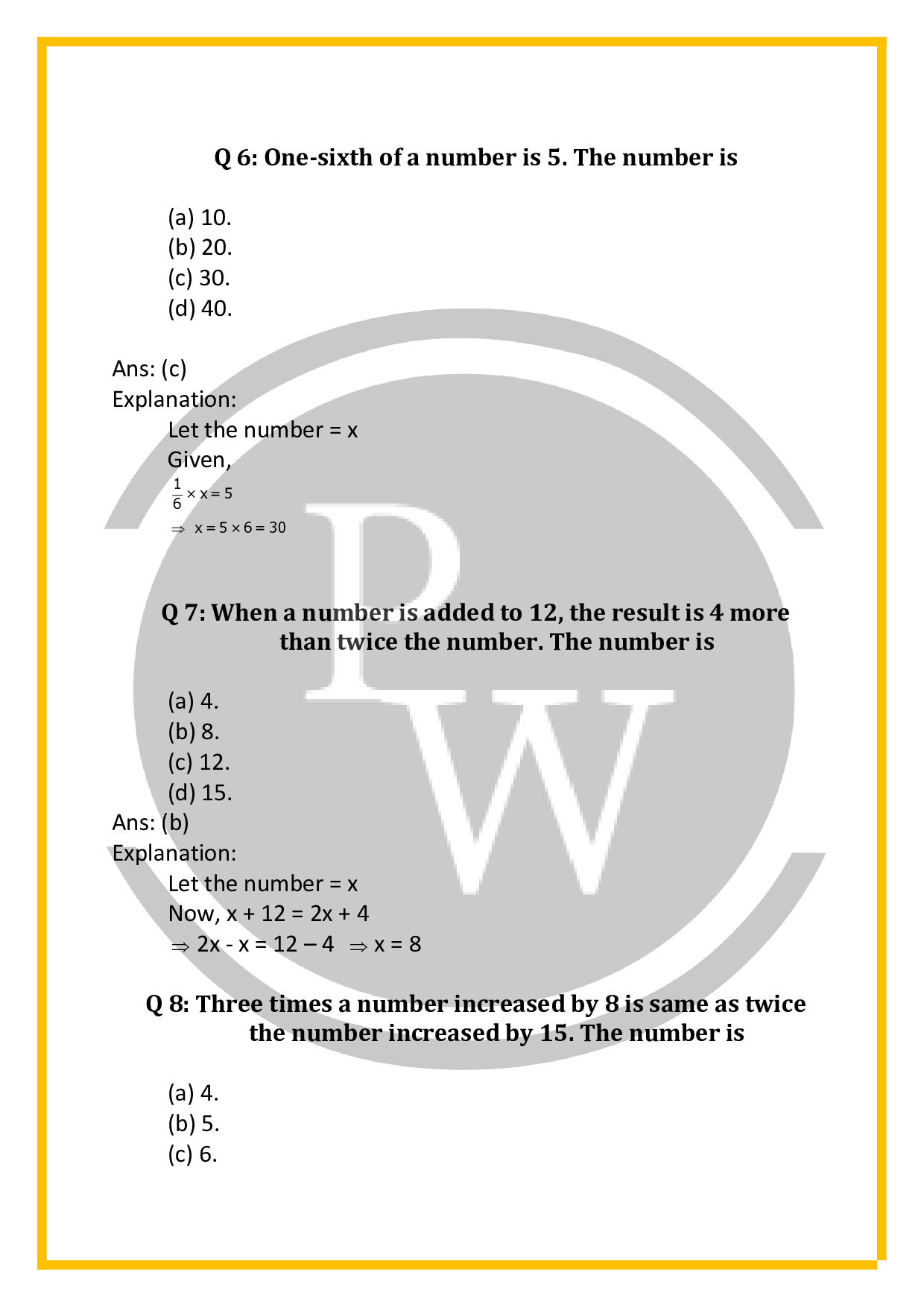 CBSE Class 7 Maths Worksheet For Simple Equations PW