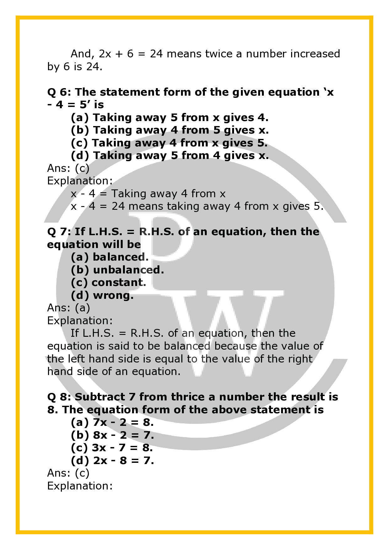 CBSE Class 7 Maths Worksheet For Simple Equations PW