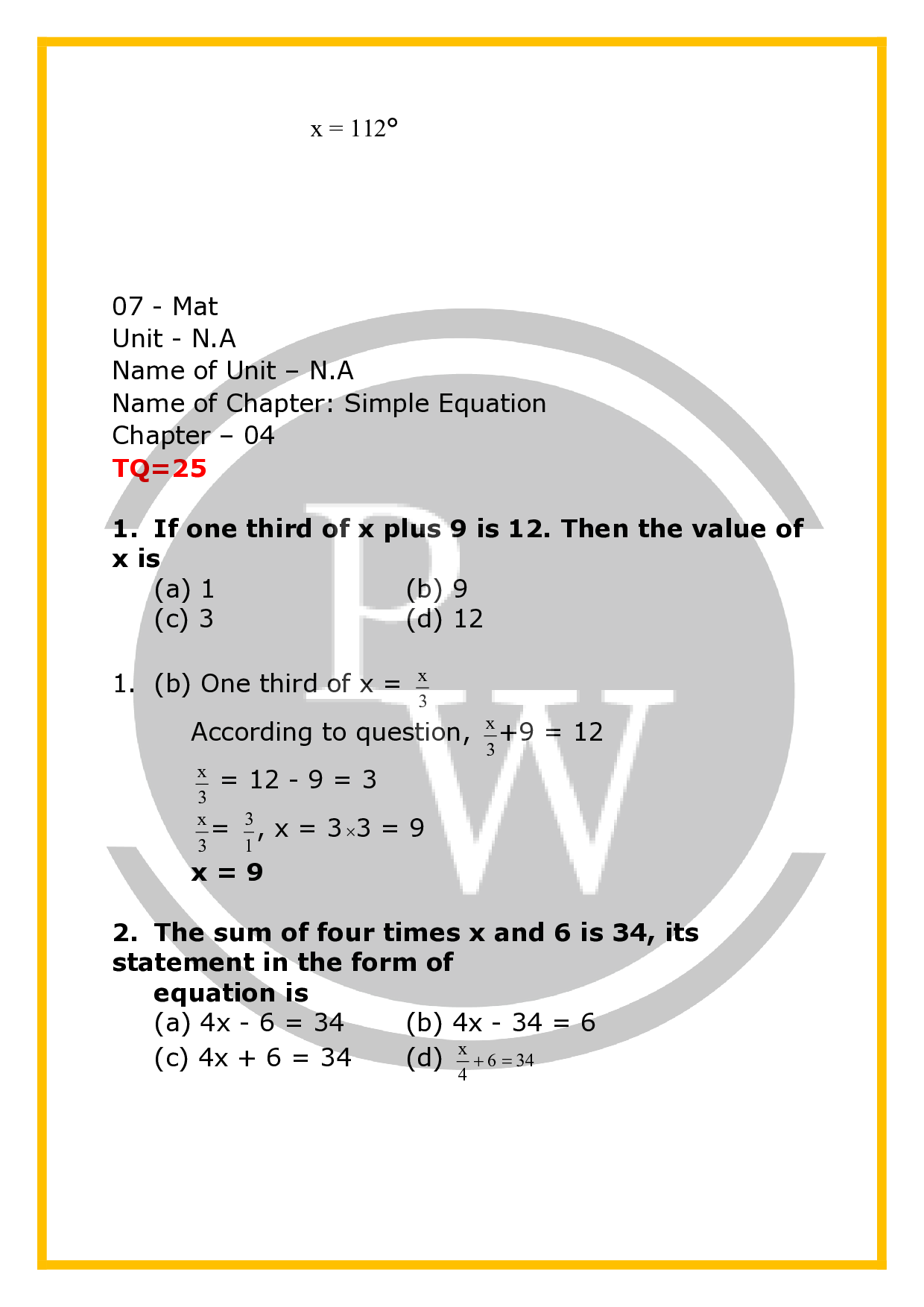 CBSE Class 7 Maths Worksheet For Simple Equations PW