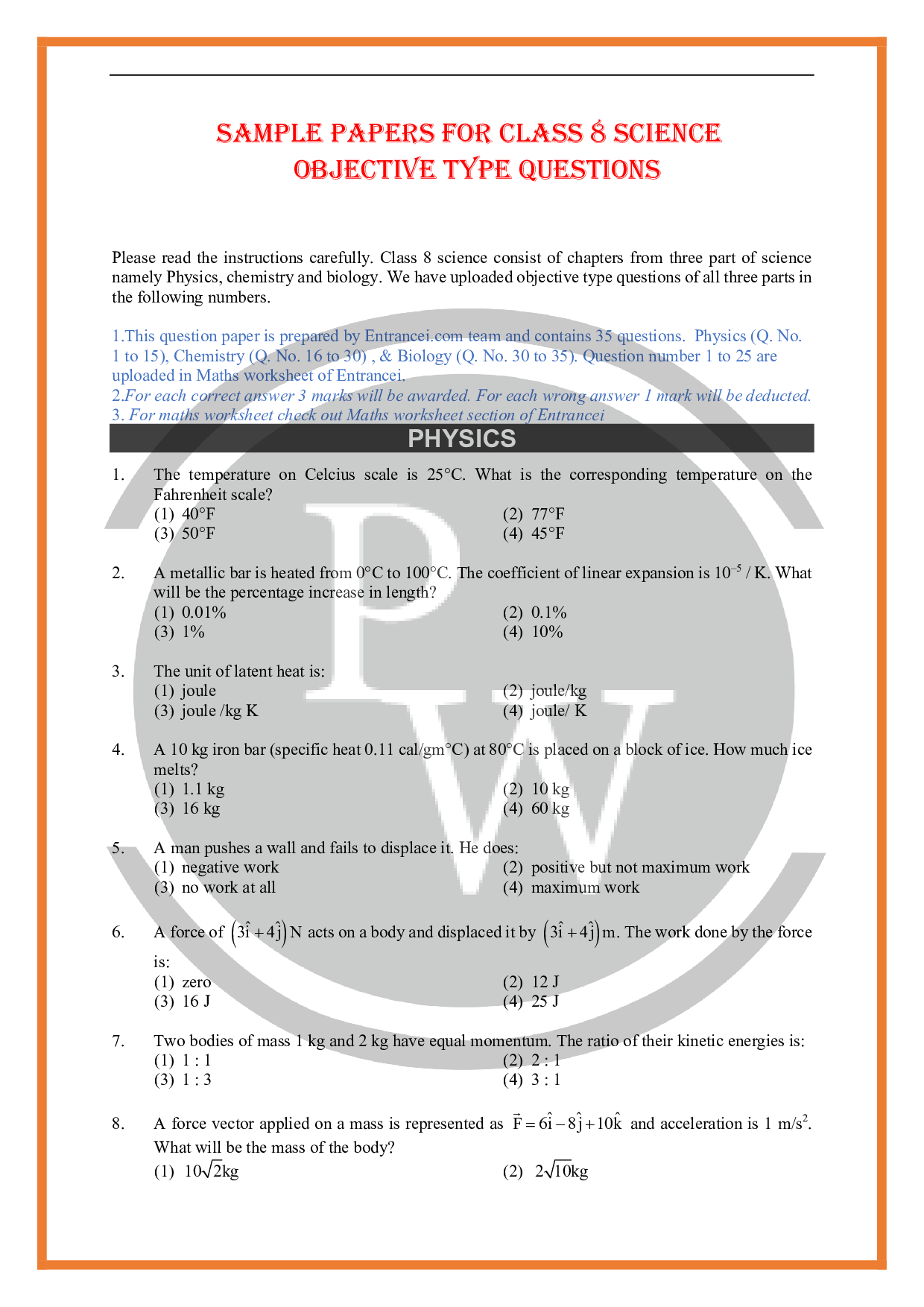 CBSE Sample Papers for class 8 Science-5 objective Type