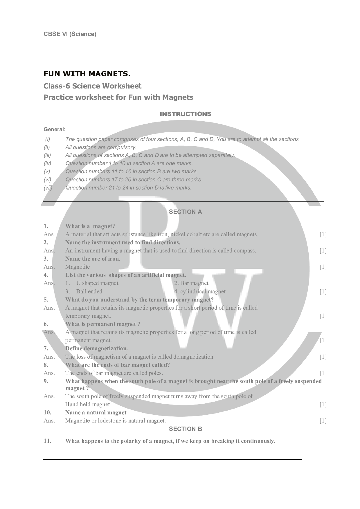 Class 6 Science Fun With Magnets Worksheets