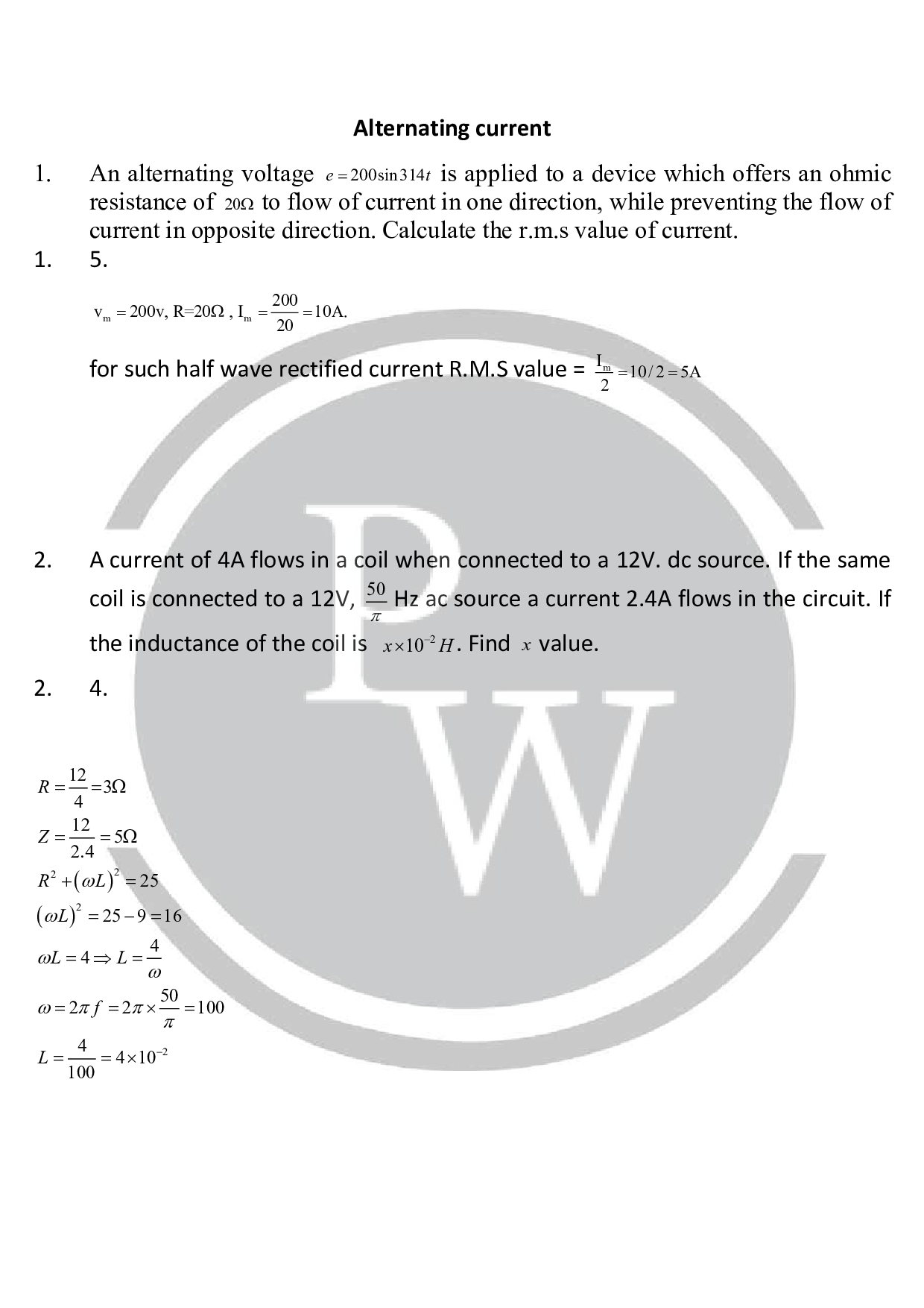Integer question of Alternating current for JEE Physics|Physics Wallah