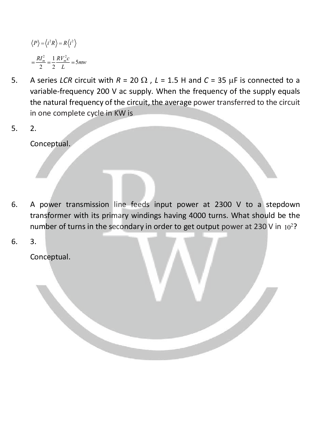 Integer question of Alternating current for JEE Physics|Physics Wallah