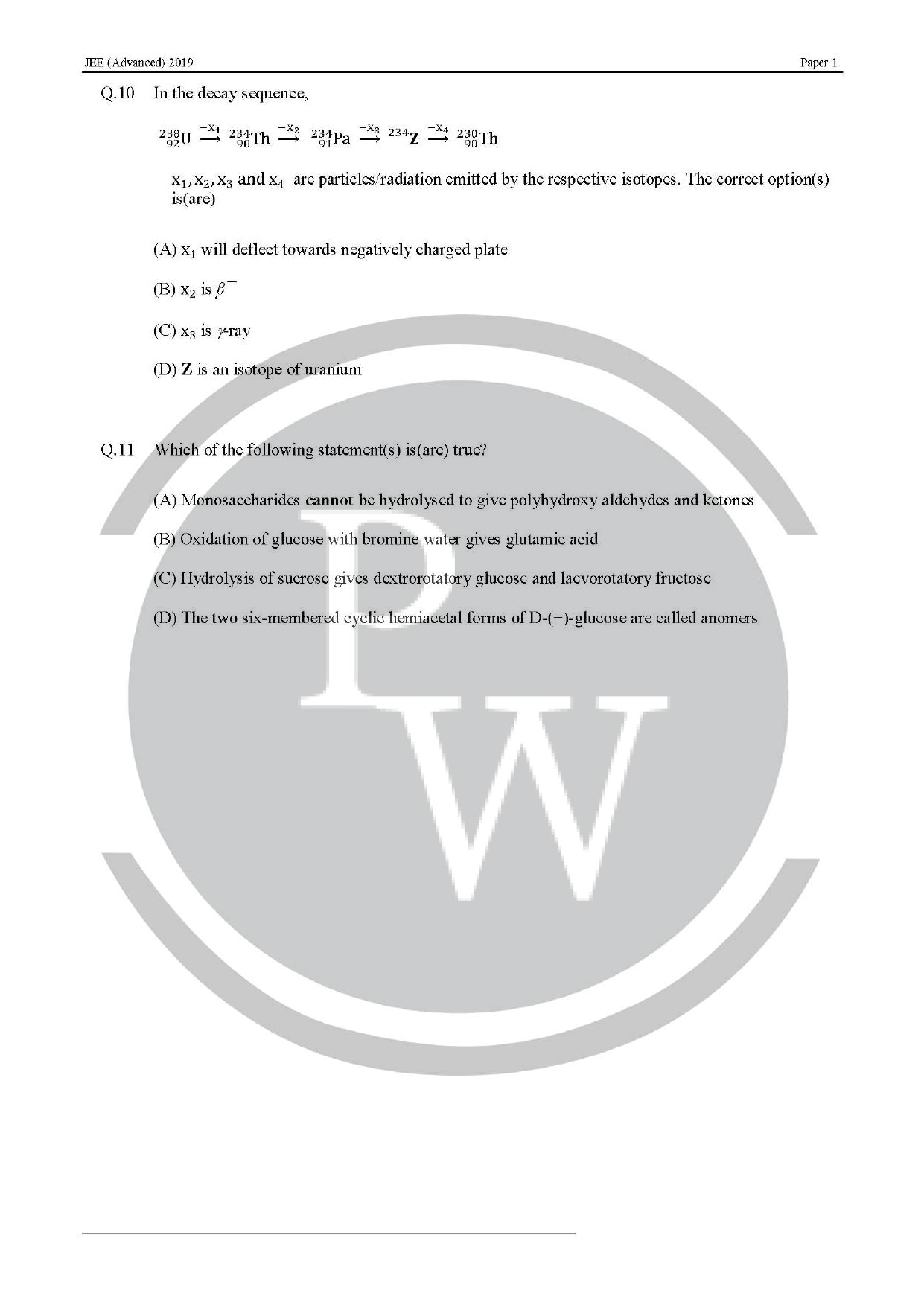 JEE Advance Question paper- 2019 Paper-1 With Answer Key | PW