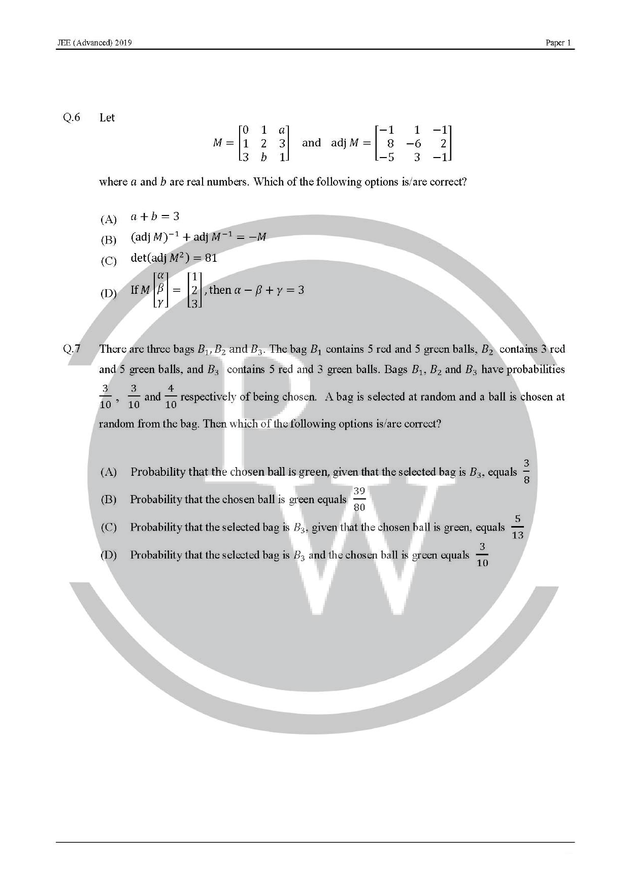 JEE Advance Question paper- 2019 Paper-1 With Answer Key | PW