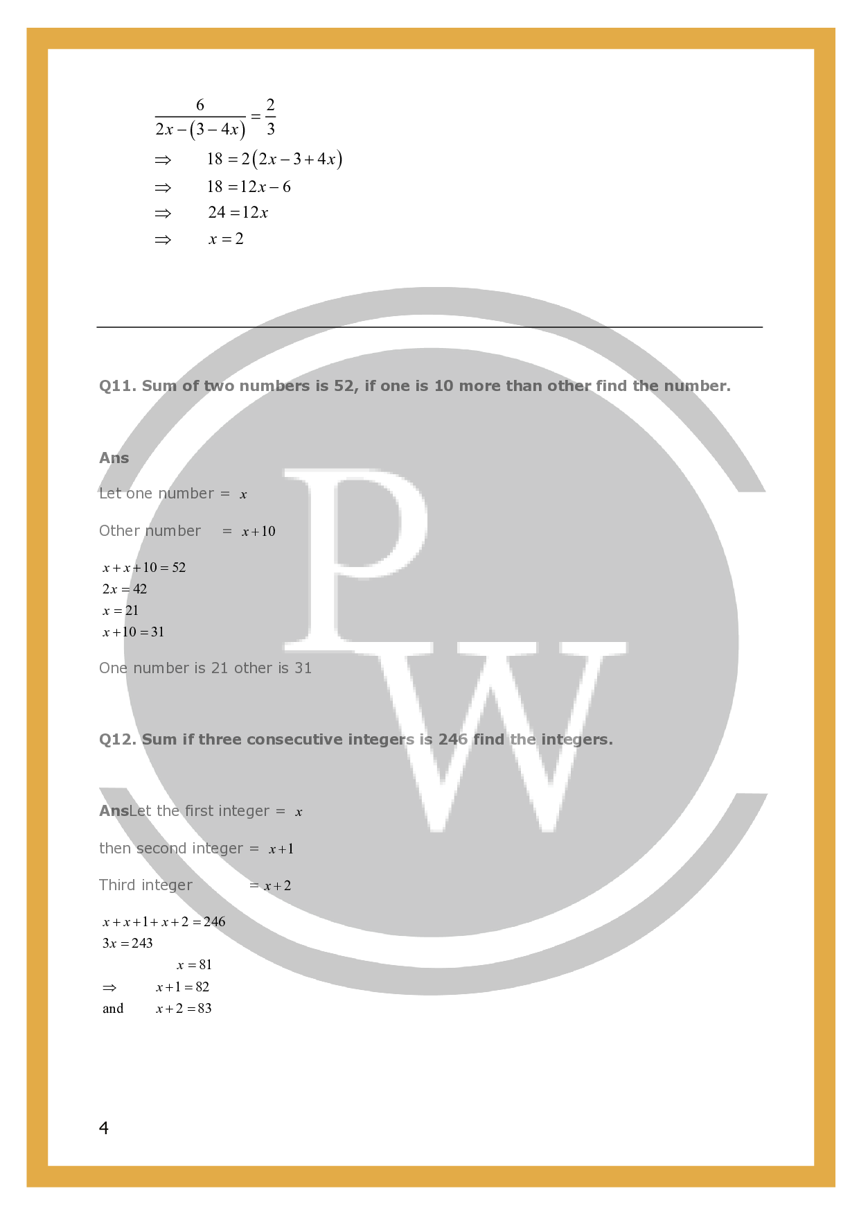 Important Question For Linear Equations In One Variable PW Important Question For Linear Equations In One Variable PW