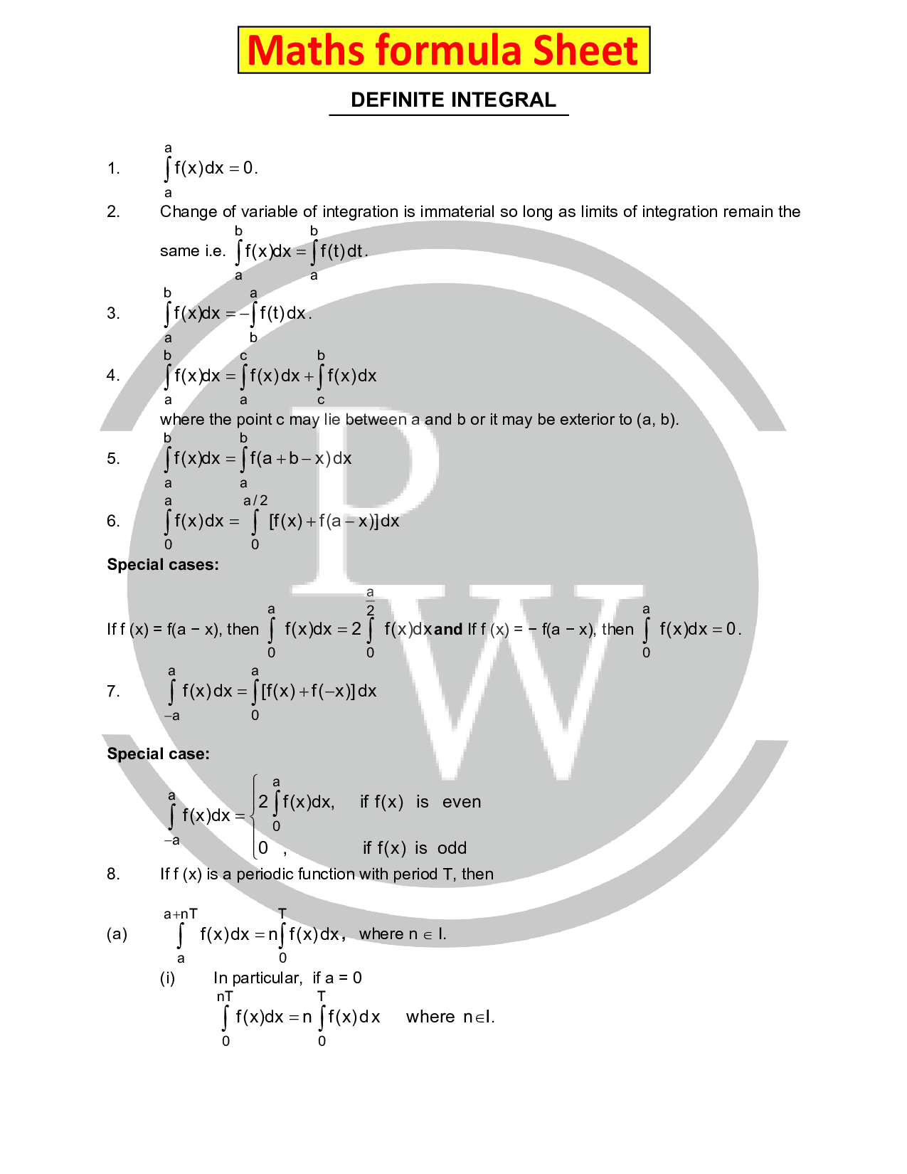 Class 12 Maths Formula For Chapter Definite Integral Entrancei