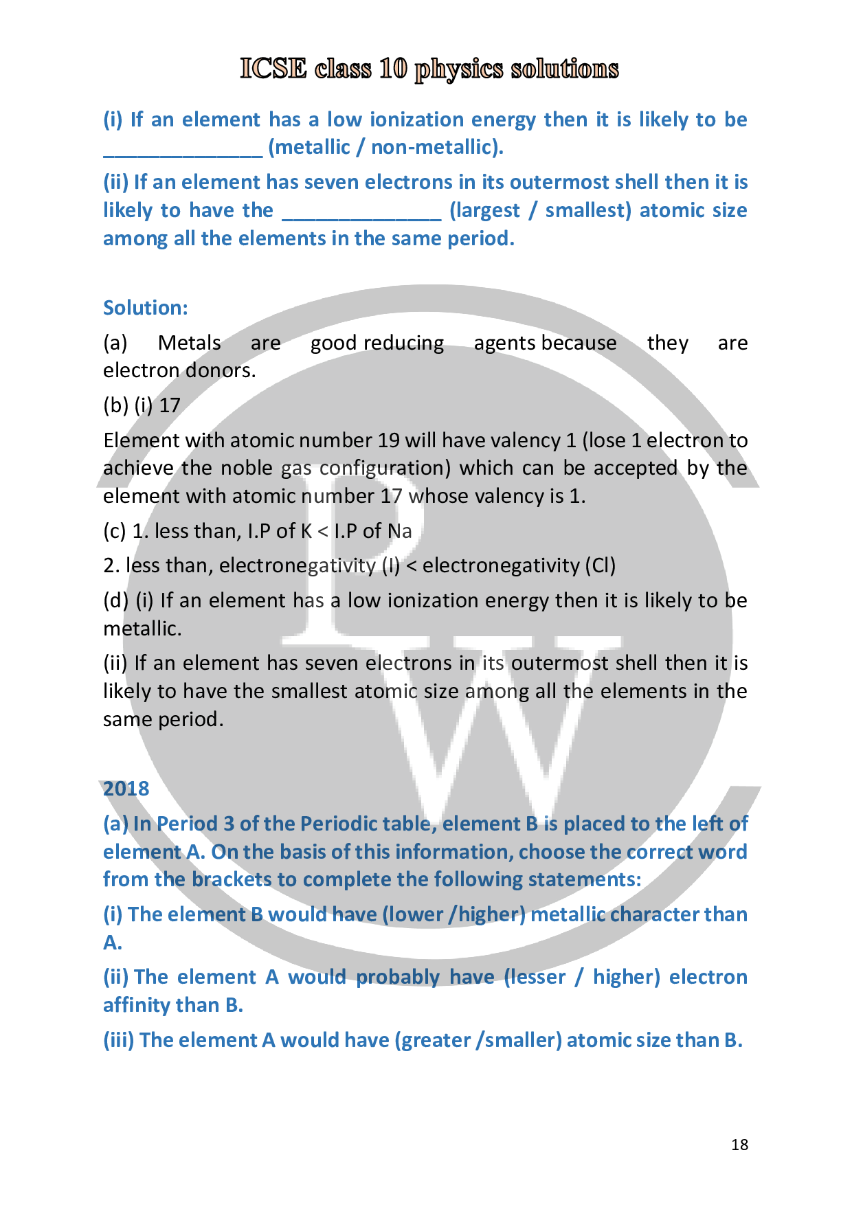 ICSE Class 10 Chemistry solutions for chapter-1 Periodic Table | PW
