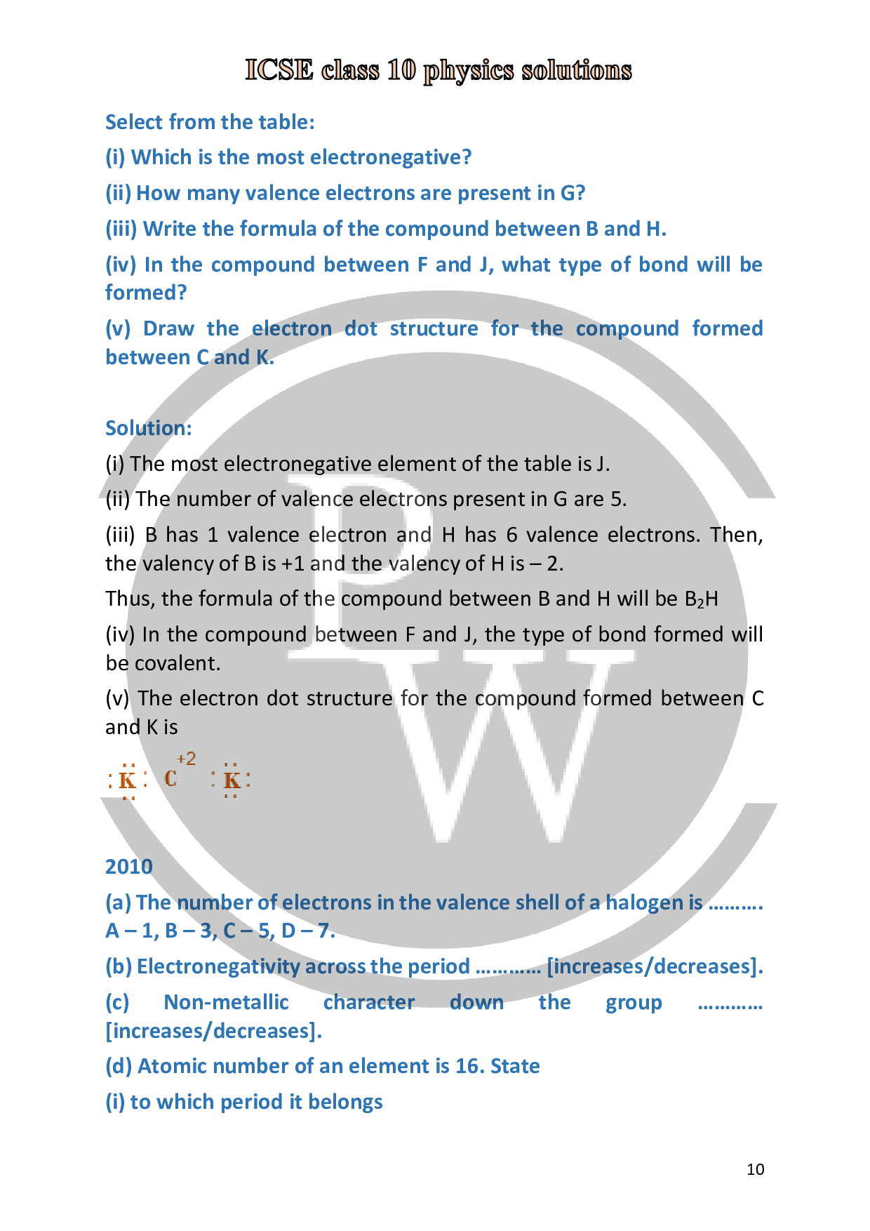 ICSE Class 10 Chemistry solutions for chapter-1 Periodic Table | PW