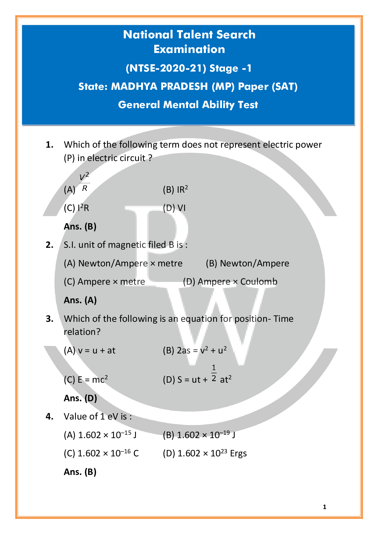 NTSE MP SAT Question Papers 2020-21| Physics wallah