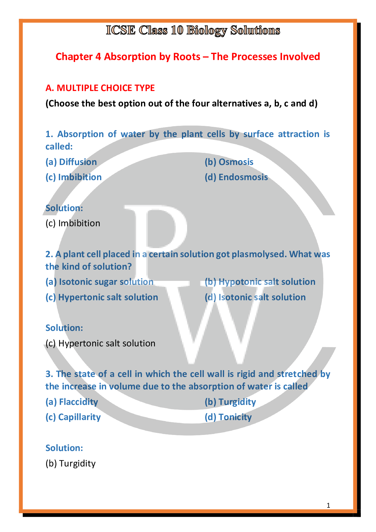 ICSE Biology solutions for chapter-4 Absorption by Roots | PW