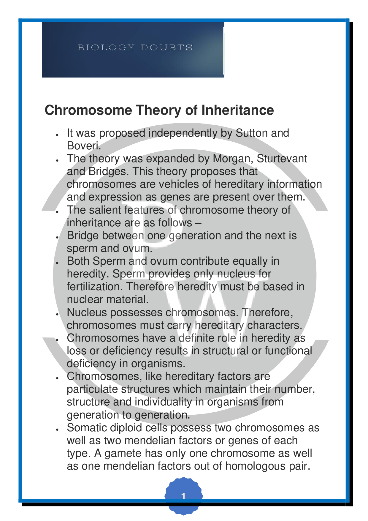 Chromosomal theory of Inheritance pdf| Physics Wallah