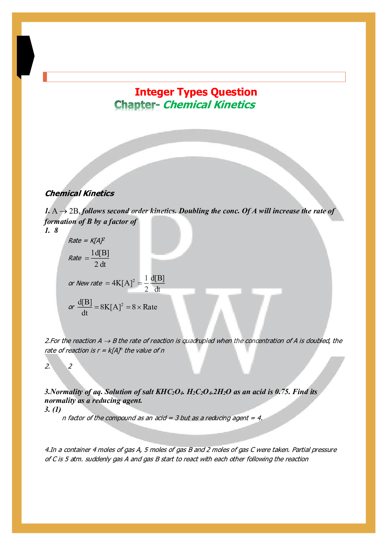 Integer type questions with solutions of Chemical Kinetics|Physics Wallah