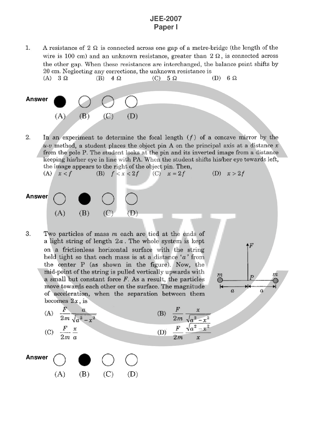 JEE Advance Question paper- 2007 Paper-1 With Answer Key | PW