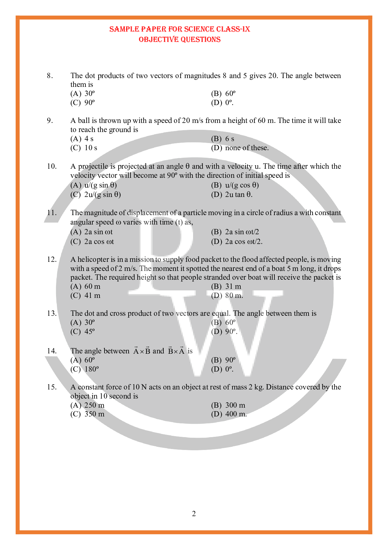 CBSE Sample Paper-8 For Class 9 Science (Objective Type Questions) |PW