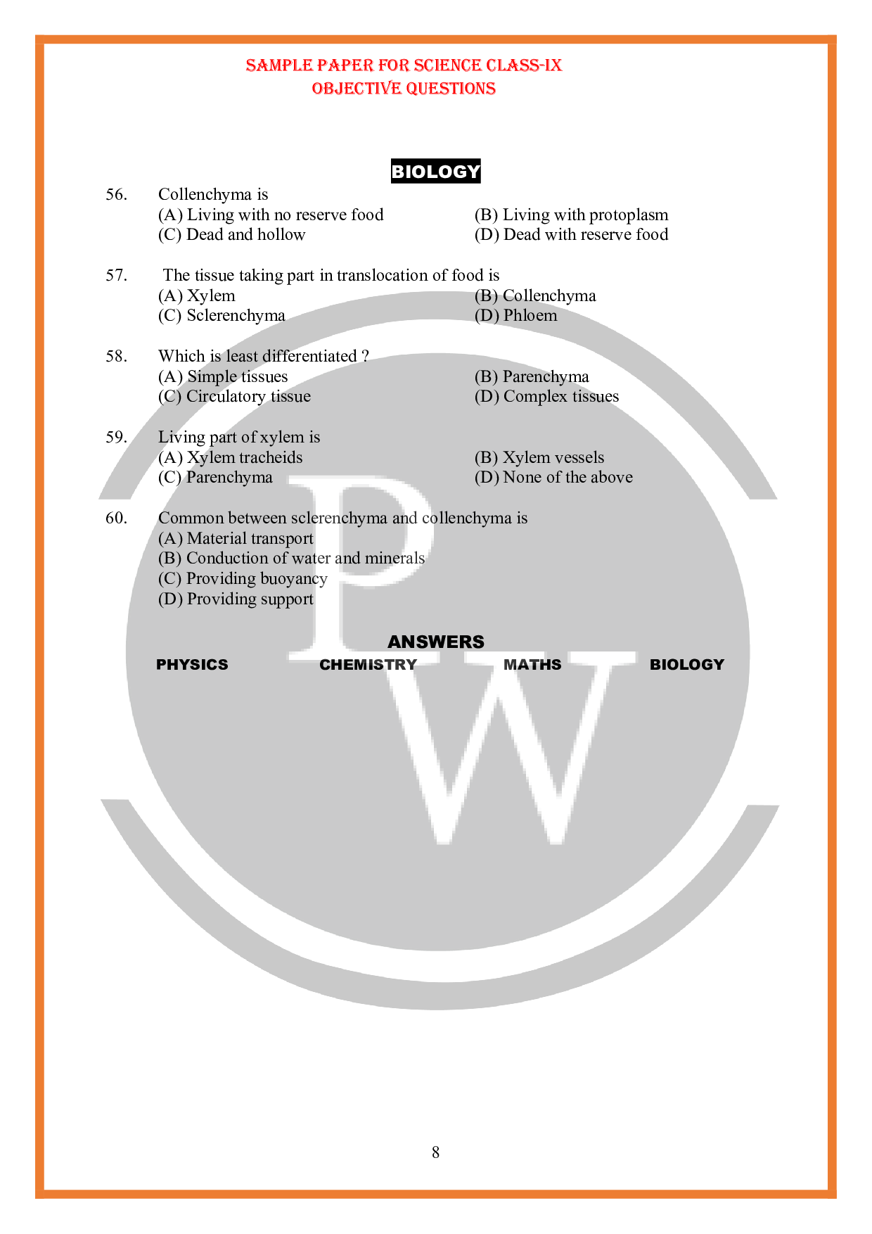 CBSE Sample Paper-8 For Class 9 Science (Objective Type Questions) |PW