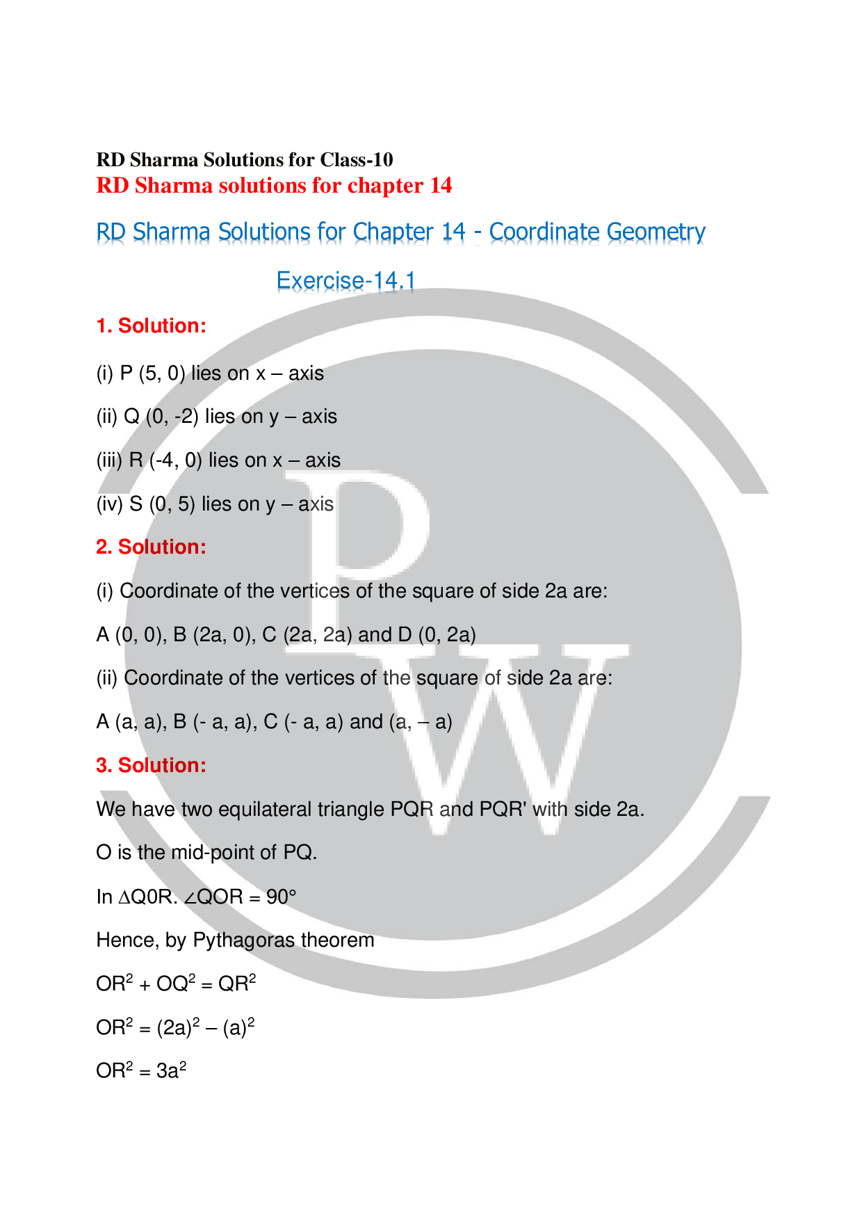 Class 10 Solutions Chapter 14-Coordinate Geometry Exercise 14.1 RD ...