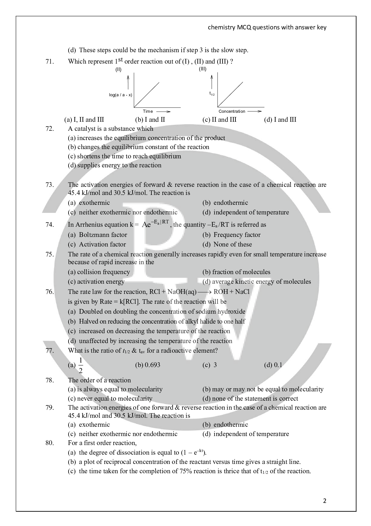 Chemical kinetics Questions | Chemical kinetics MCQ with answer key