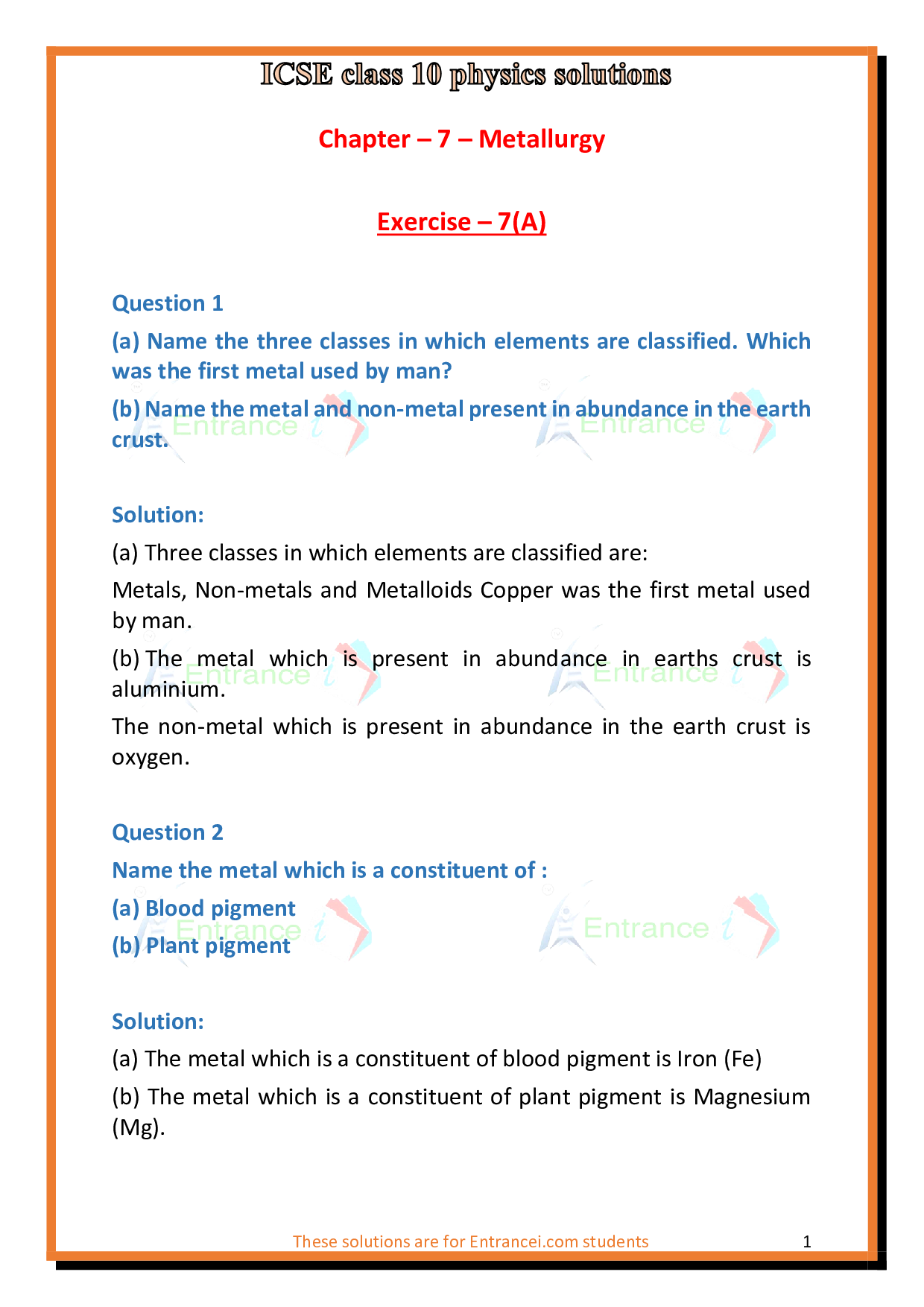 ICSE Chemistry Solutions for Class 10 Chapter 7 Metallurgy | PW