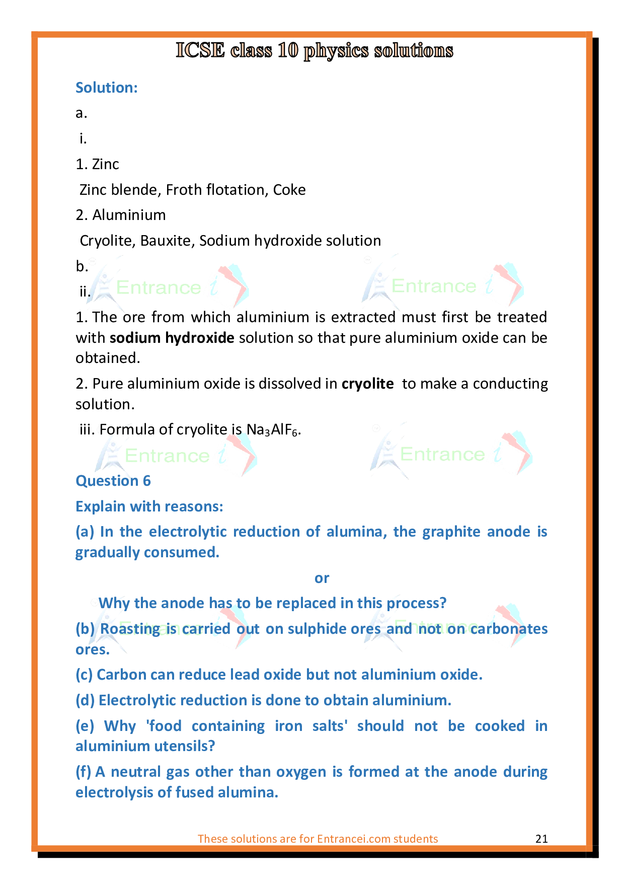 ICSE Chemistry Solutions For Class 10 Chapter 7 Metallurgy PW