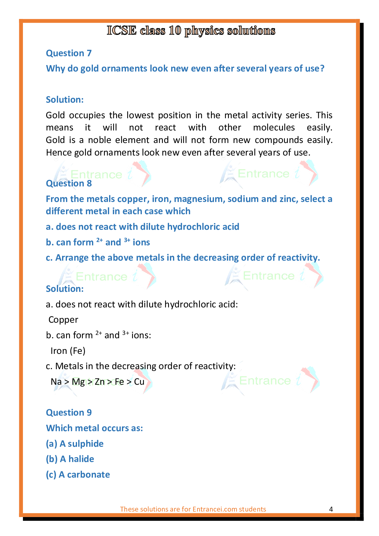 ICSE Chemistry Solutions for Class 10 Chapter 7 Metallurgy | PW