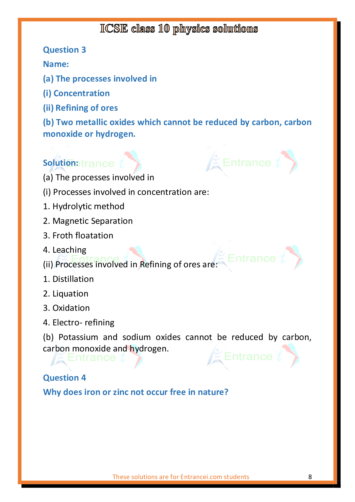 ICSE Chemistry Solutions for Class 10 Chapter 7 Metallurgy | PW