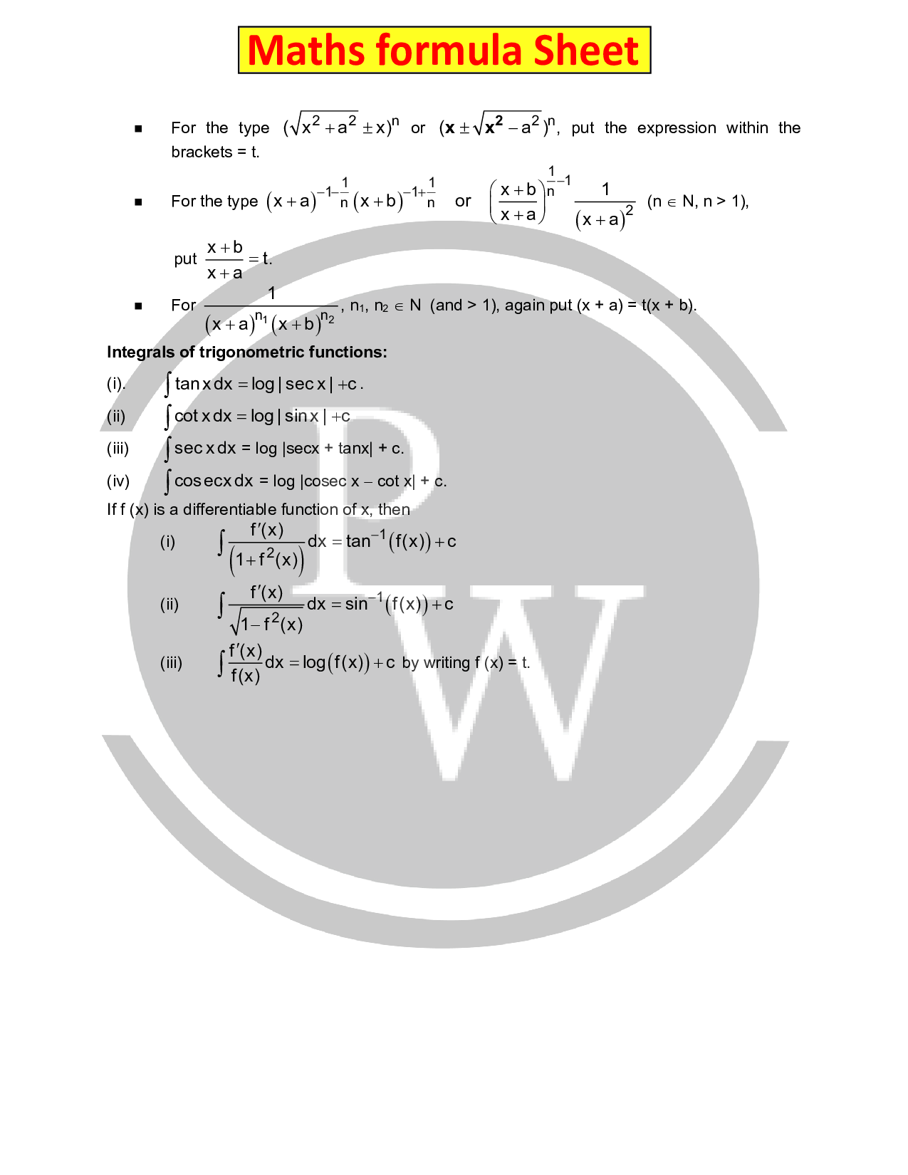 Class 12 Maths Formula for chapter-7 Indefinite integral| Entrancei