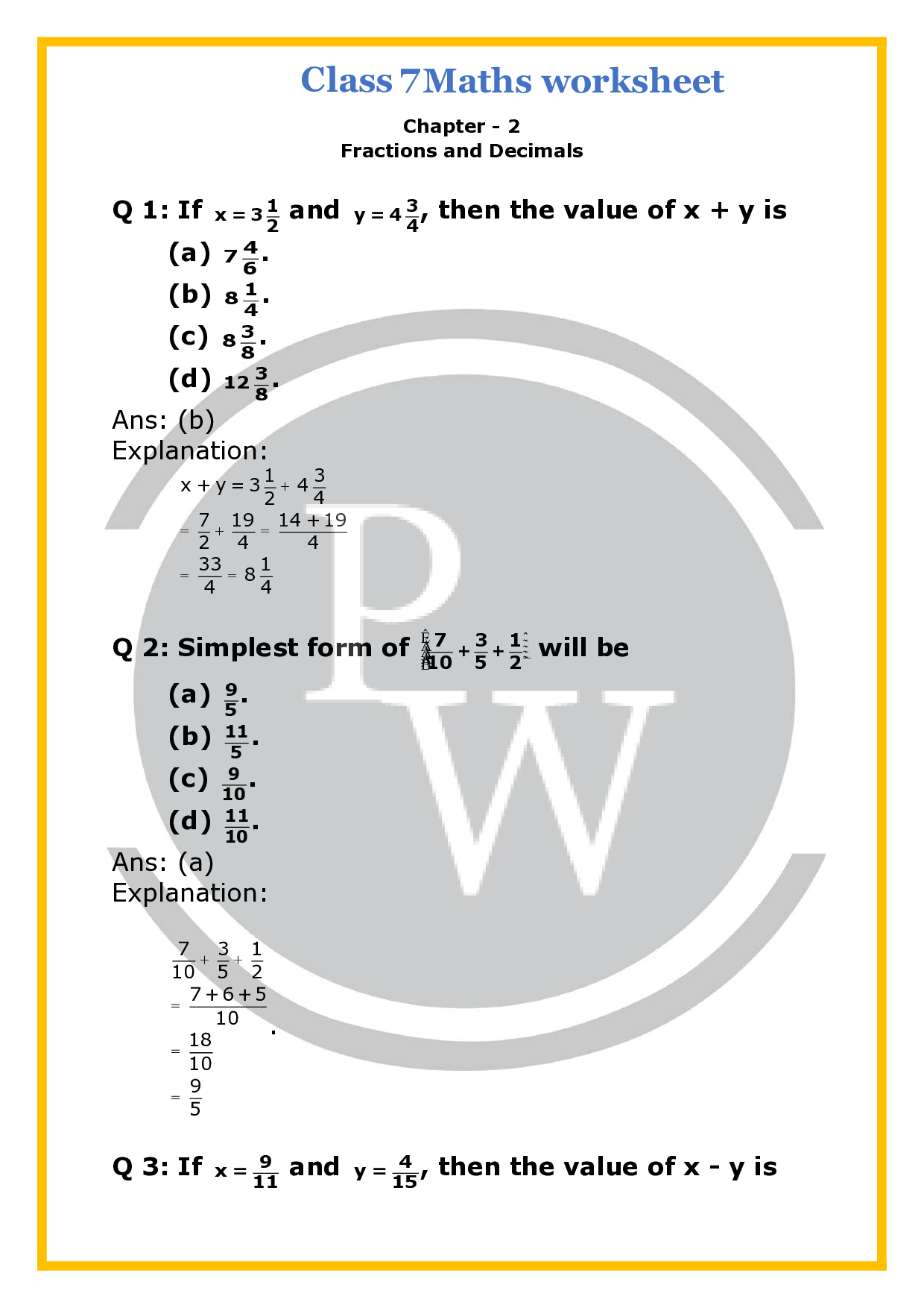 Worksheet For Class 7 Maths Chapter 2 Fraction And Decimals Physics