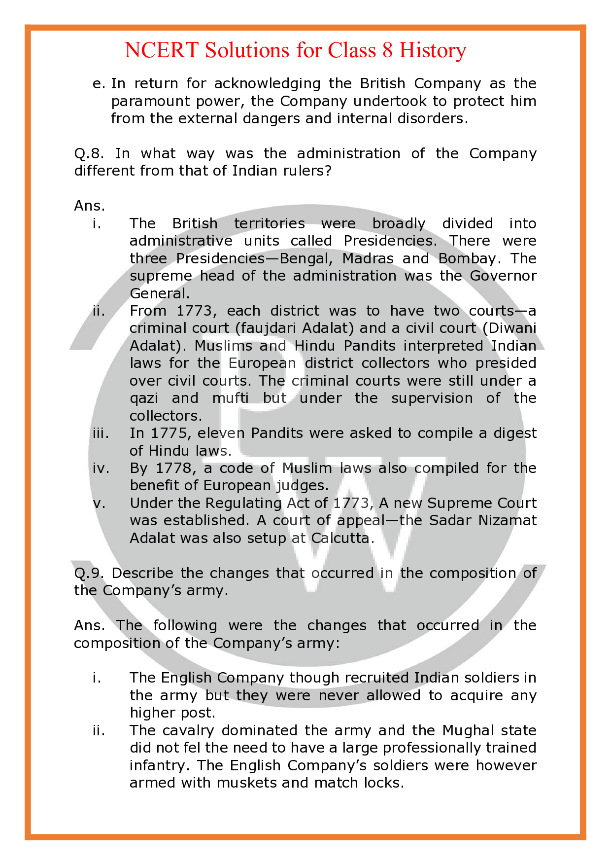 NCERT Solutions for class 8 History Chapter 2 - From Trade to Territory ...