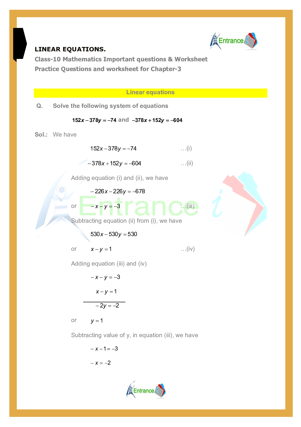 Important Questions|Pair of Linear Equations in Two Variables