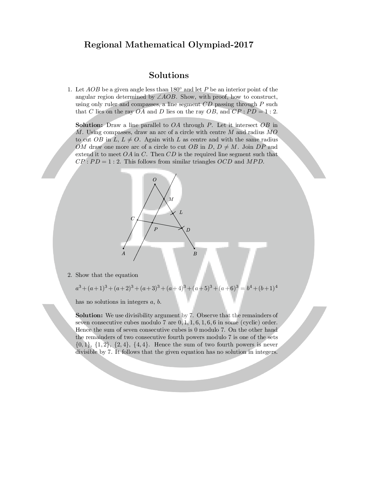 Regional Mathematical Olympiad 2017 Question with Solutions| Physics Wallah