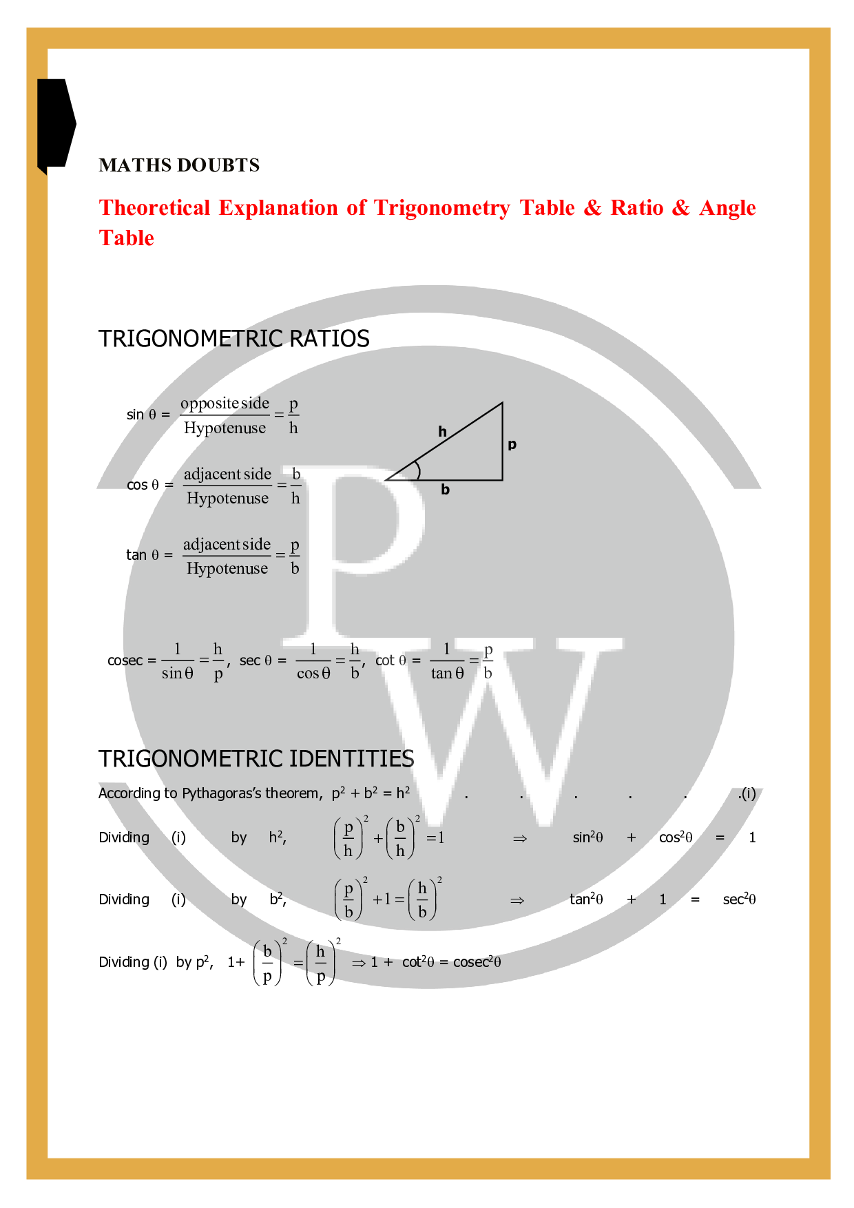 Trigonometry Ratio Table- Functions, Angle Table| Physics Wallah