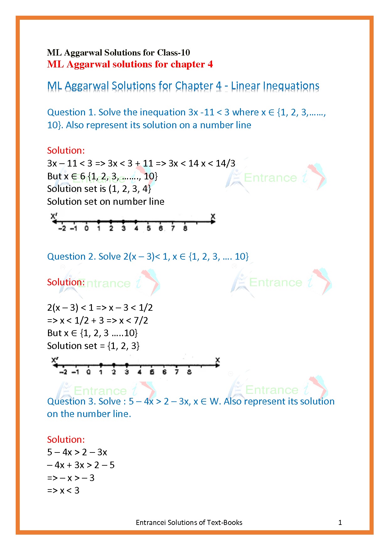ML Aggarwal Class 10 solutions For Chapter-4 Linear Inequations | Entrancei