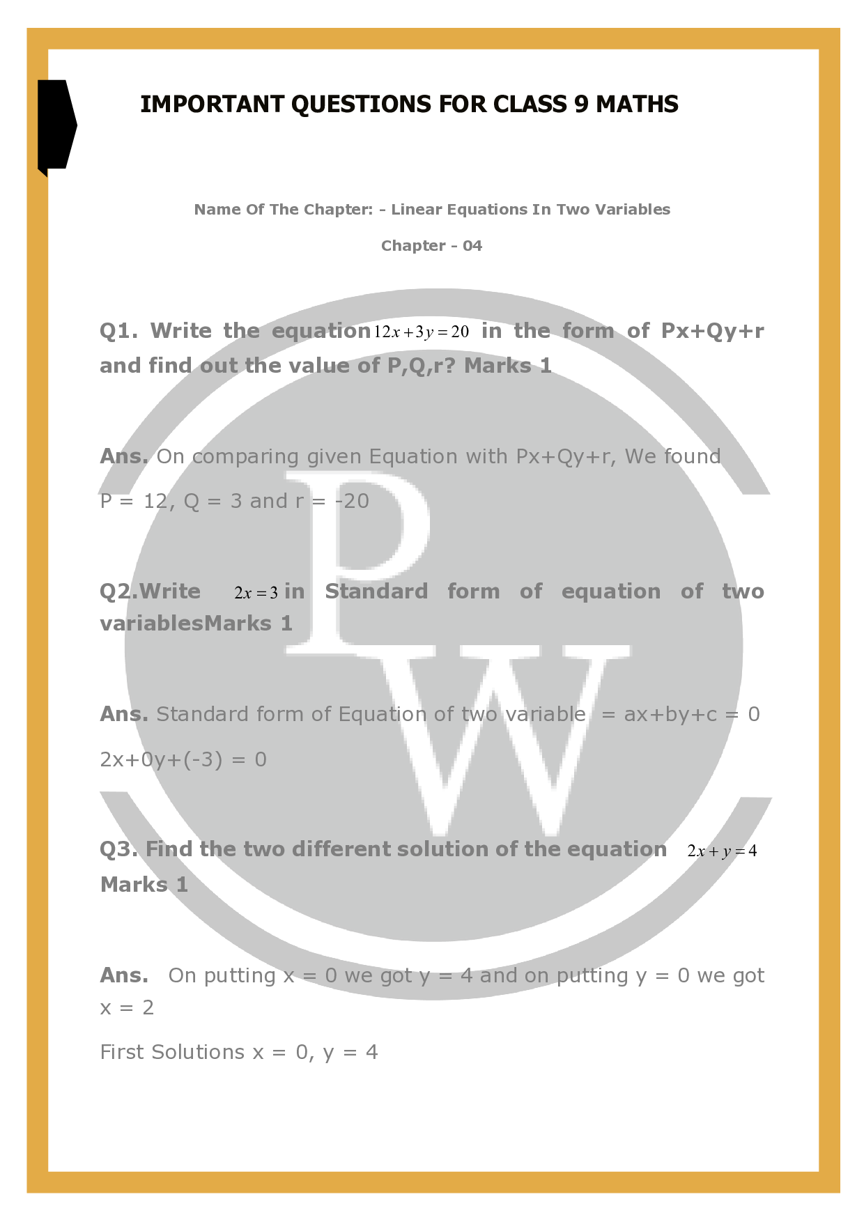 Important Questions For Class 9 Chapter 4 PW