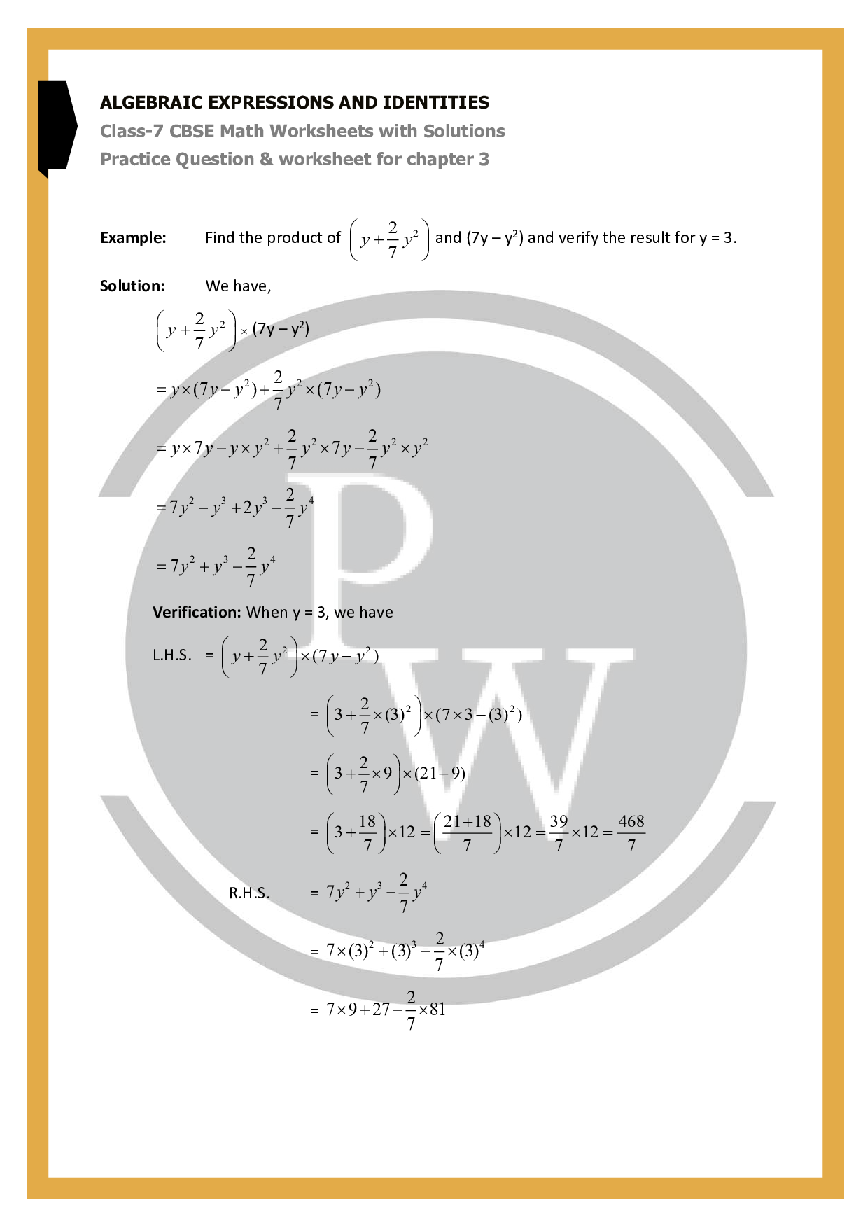 Worksheet for Class 7 Maths for Chapter-3 Algebraic Expression|PW