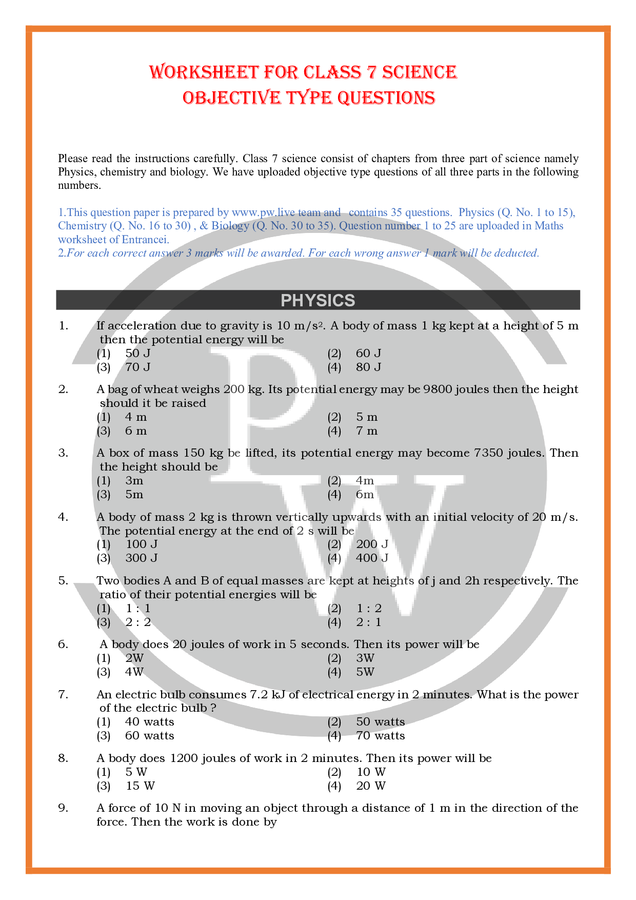 Class 7 Science Worksheet-7 With Answer key |Physics Wallah