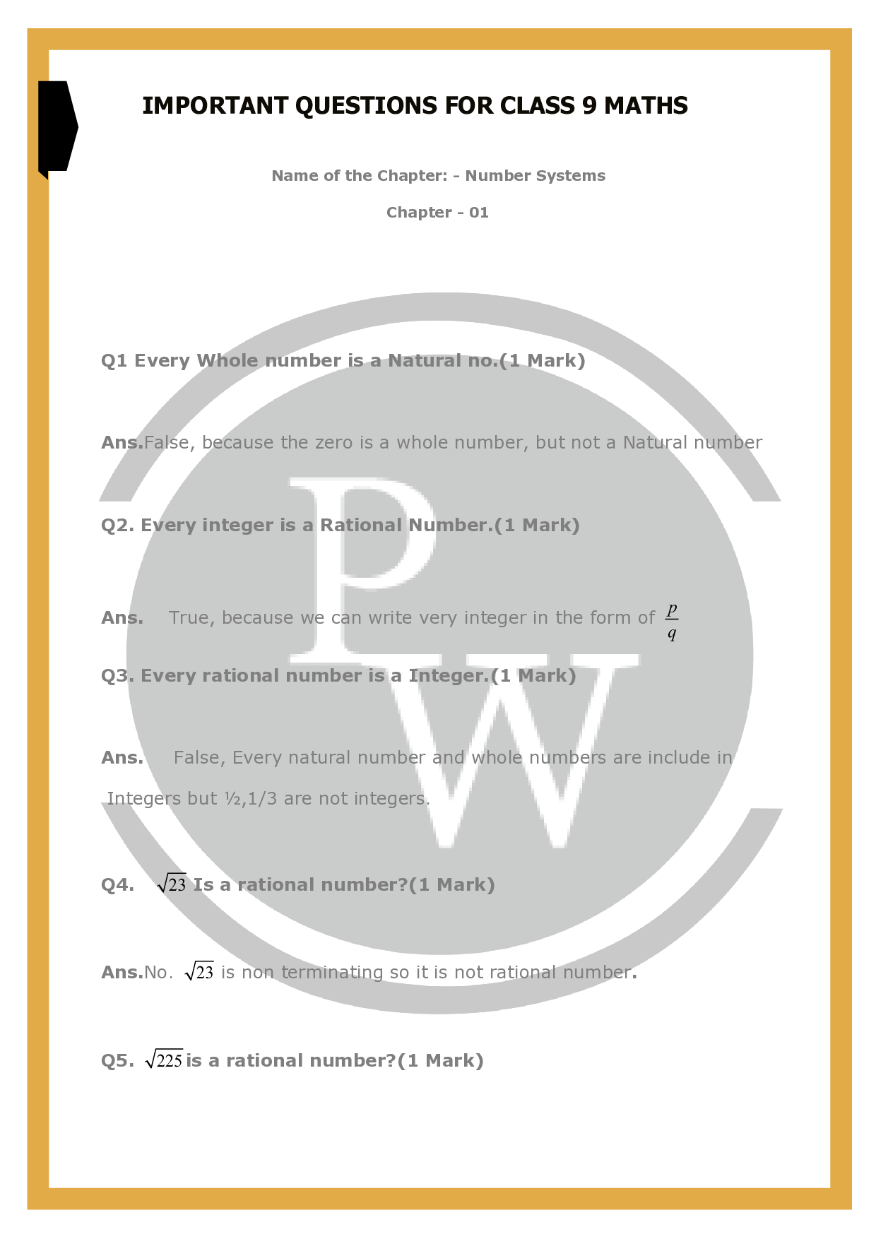 CBSE Important Questions For Chapter 1 Number Systems PW