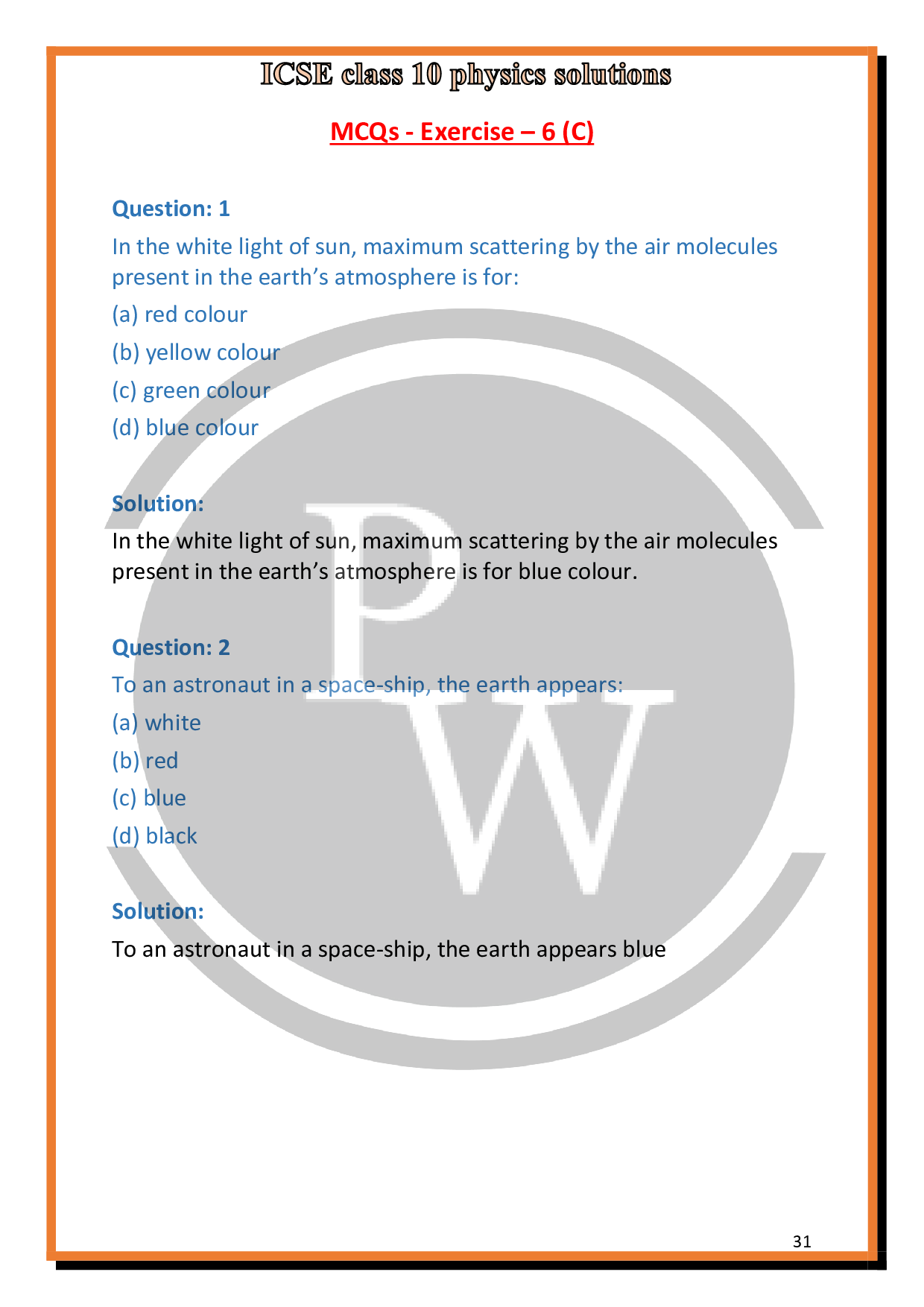 Solutions of Chapter-6 Spectrum of ICSE Class 10 Physics | PW
