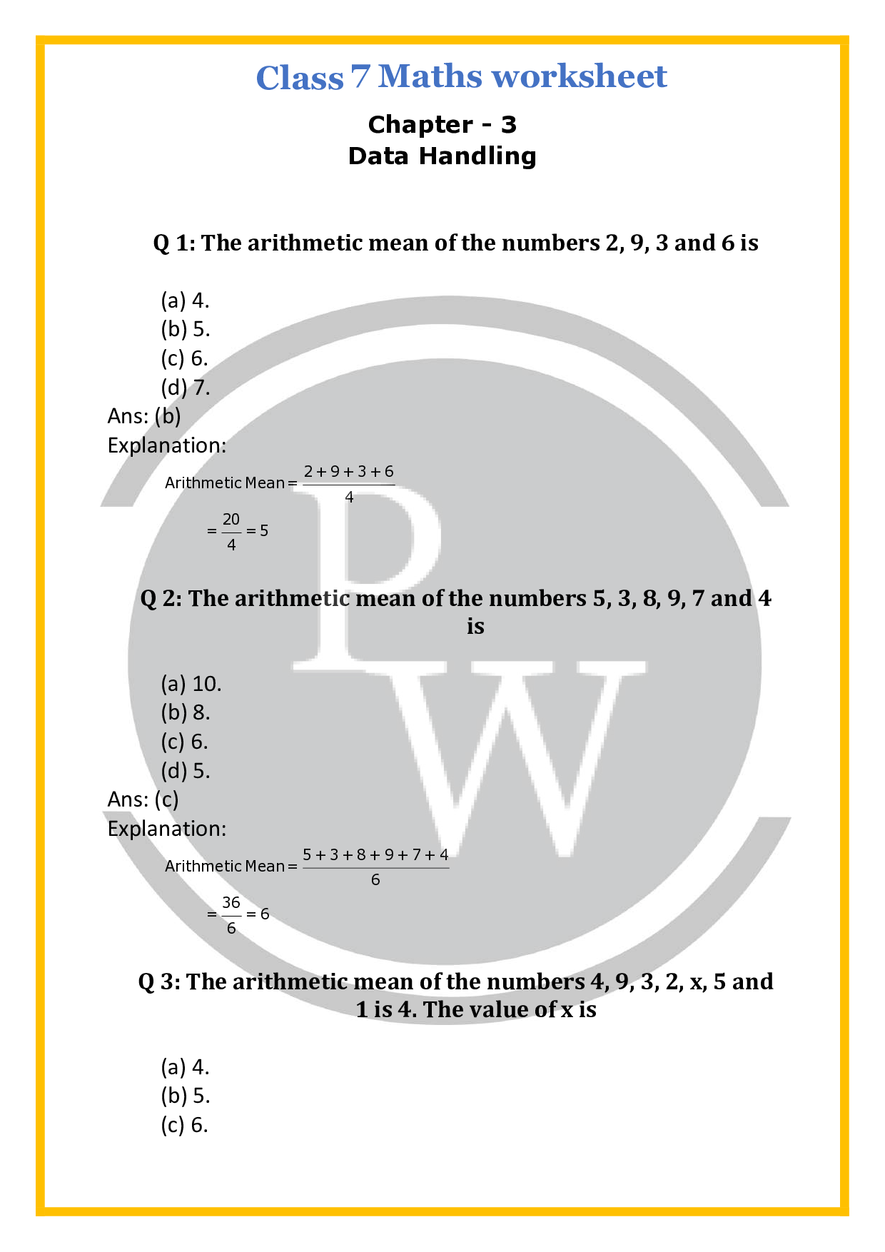 CBSE Class 7 Maths Worksheet For Data Handling PW
