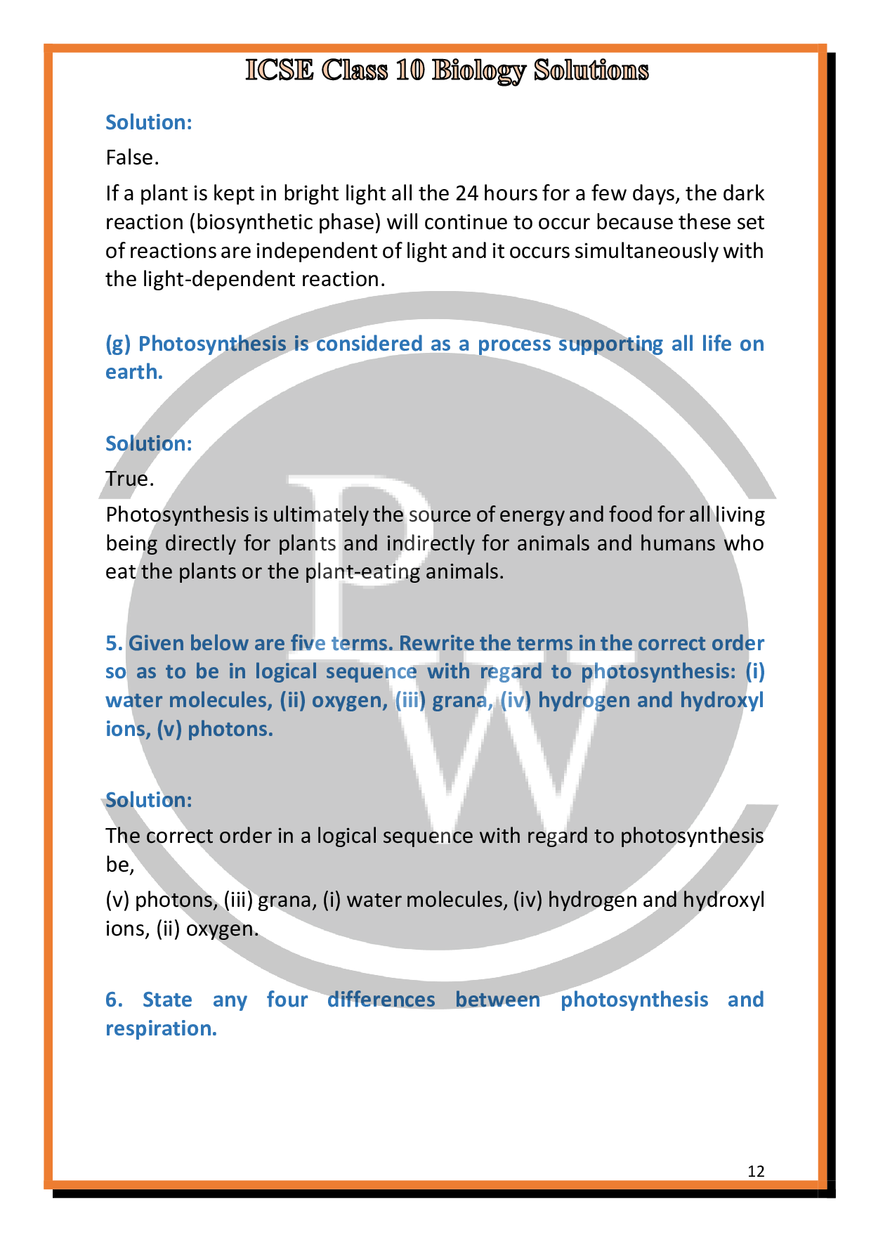 ICSE Class 10 Biology solutions for chapter-6 Photosynthesis | PW