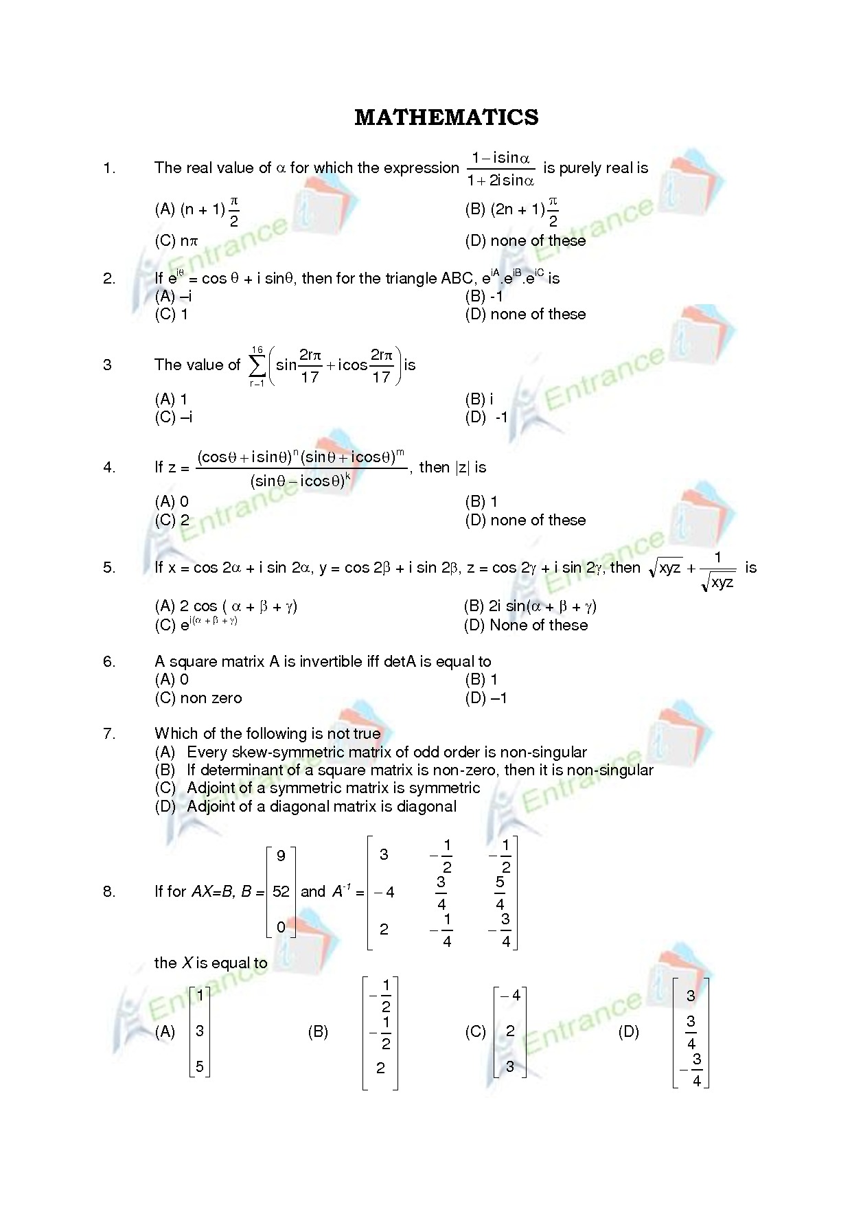 Mathematics Questions For Karnataka CET Sample Paper-5